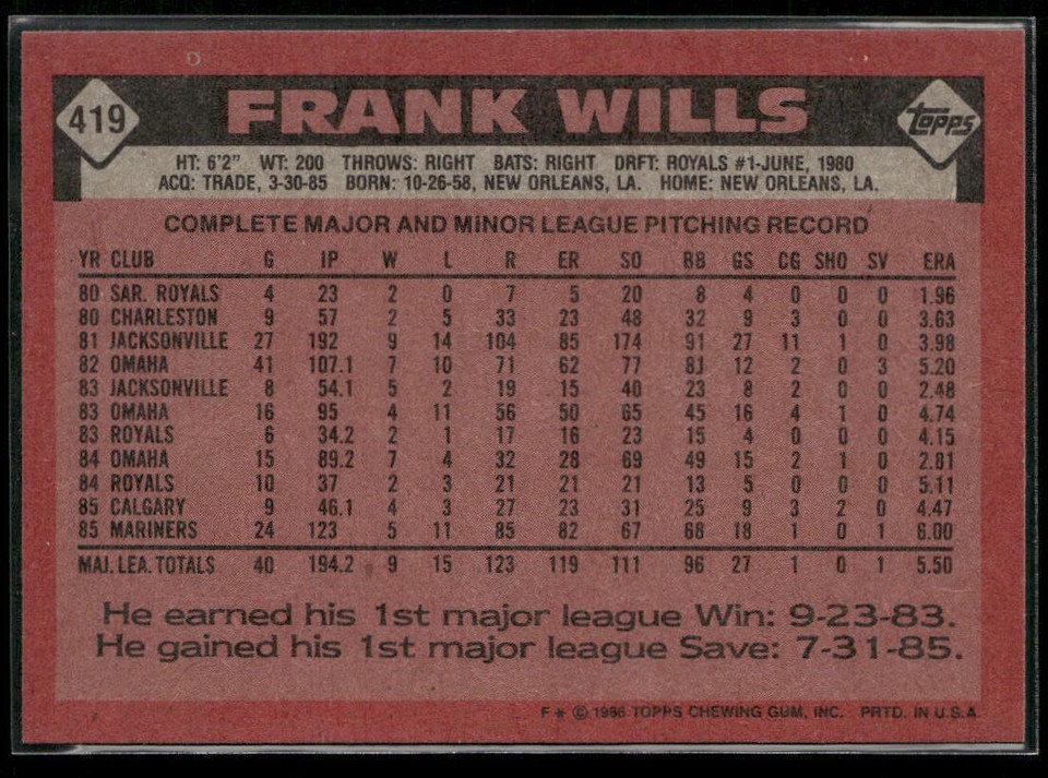 1986 Topps #419 Frank Wills | eBay