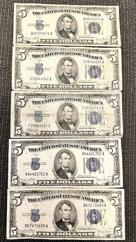 LOT Of (5) 1934 $5 Silver Certificate Blue Seal Notes Circulated VF ...