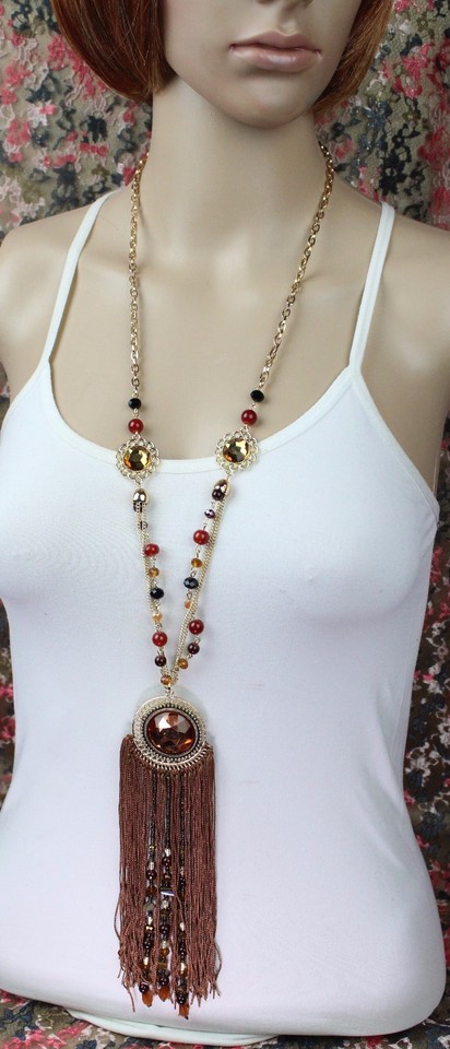 Long Fringe Necklace Set W Large Colored Rhinestones, Filigree & Yarn ...