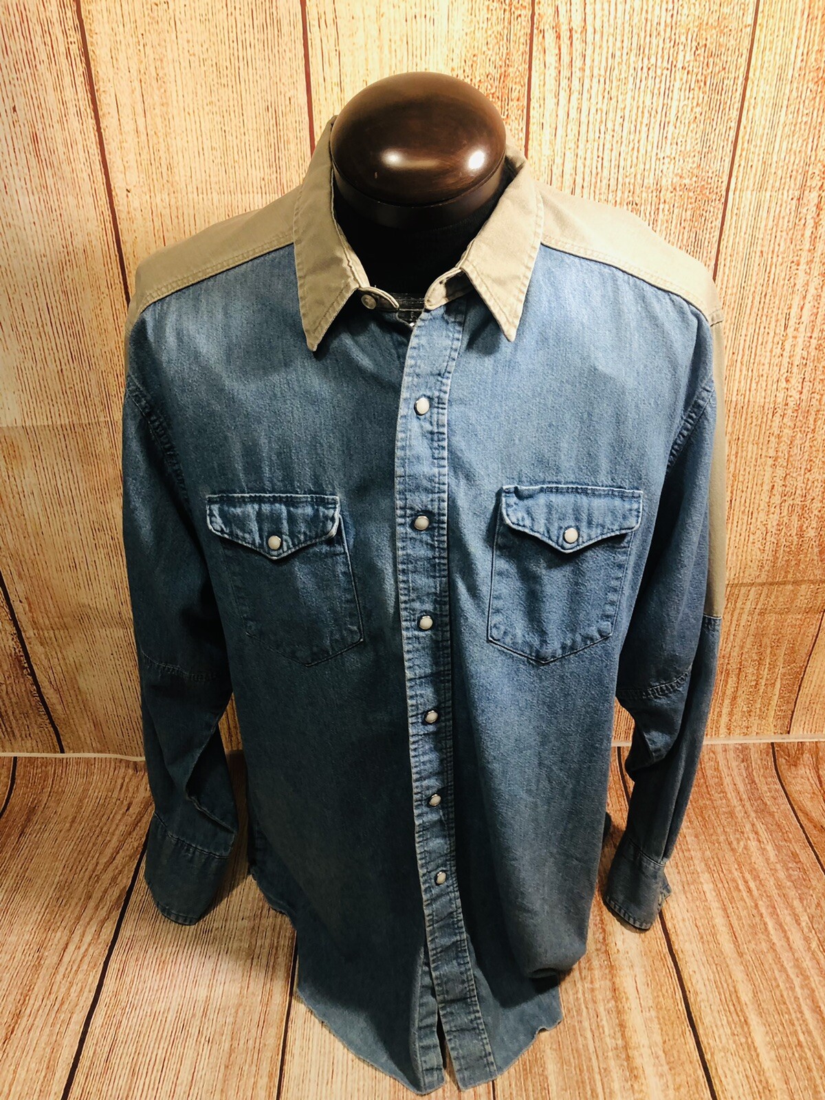 mens Wrangler Reg. fit pre-shrunk x-long tails Blue & tan pearl snap ...