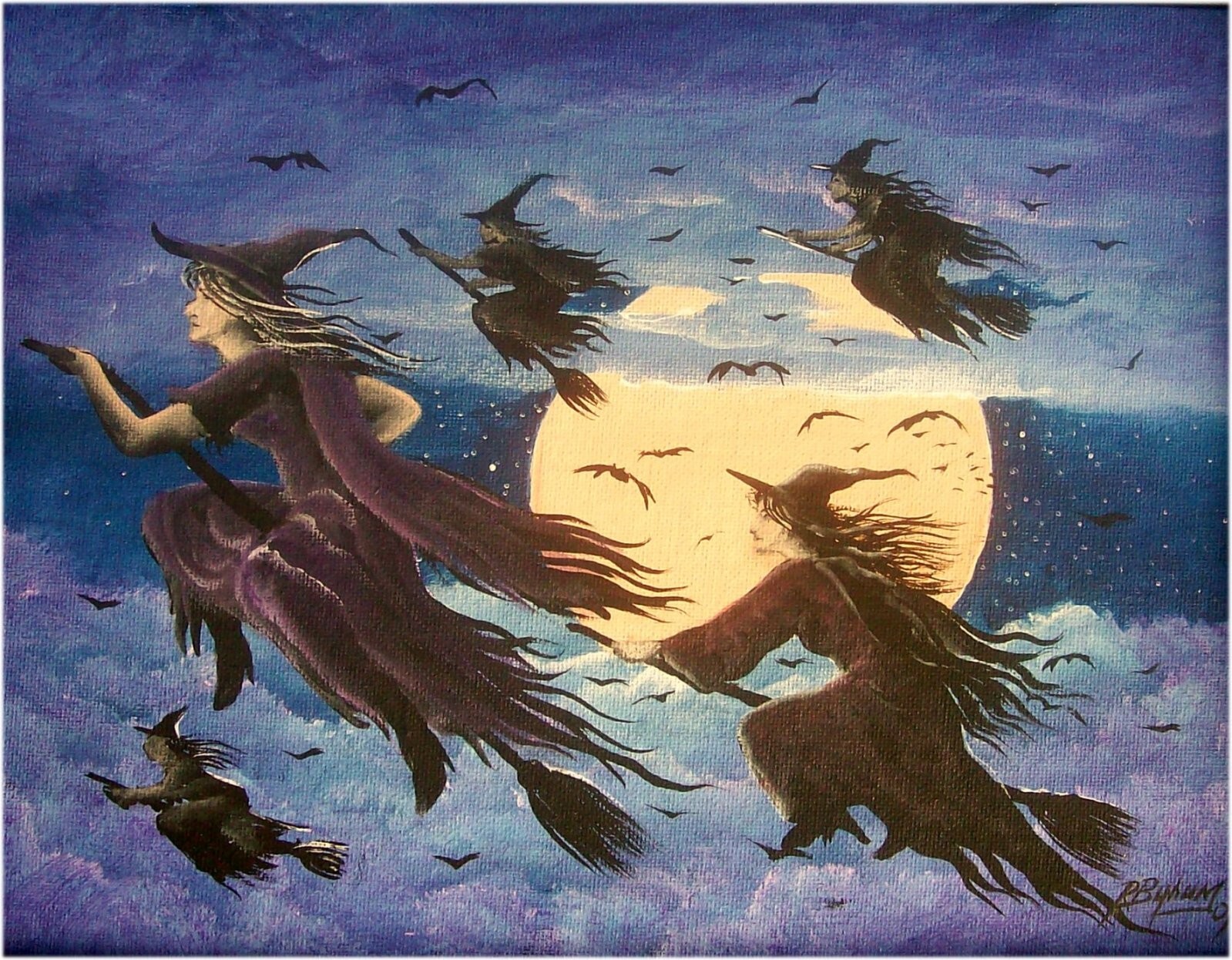 Folk Art HALLOWEEN "Blue Witches" PRINT Witches Flying Byrum Art | eBay