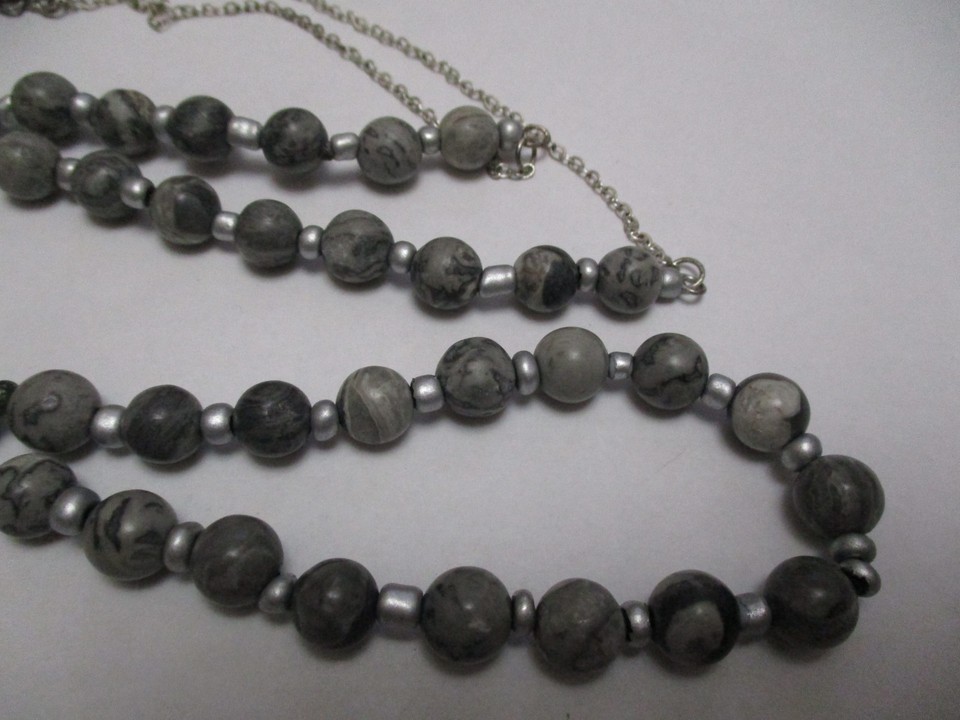 Vintage 34 inch Long Gray White Black Swirl Marble Stone Beaded ...