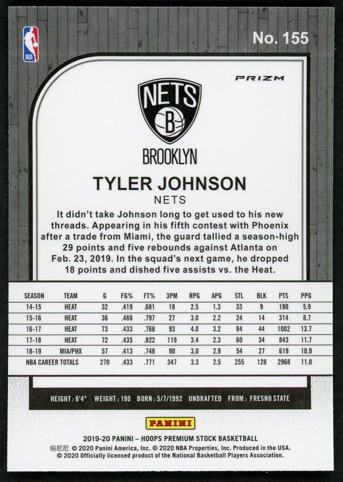 2019-20 Hoops Premium Stock Silver Prizm Tyler Johnson Brooklyn Nets ...