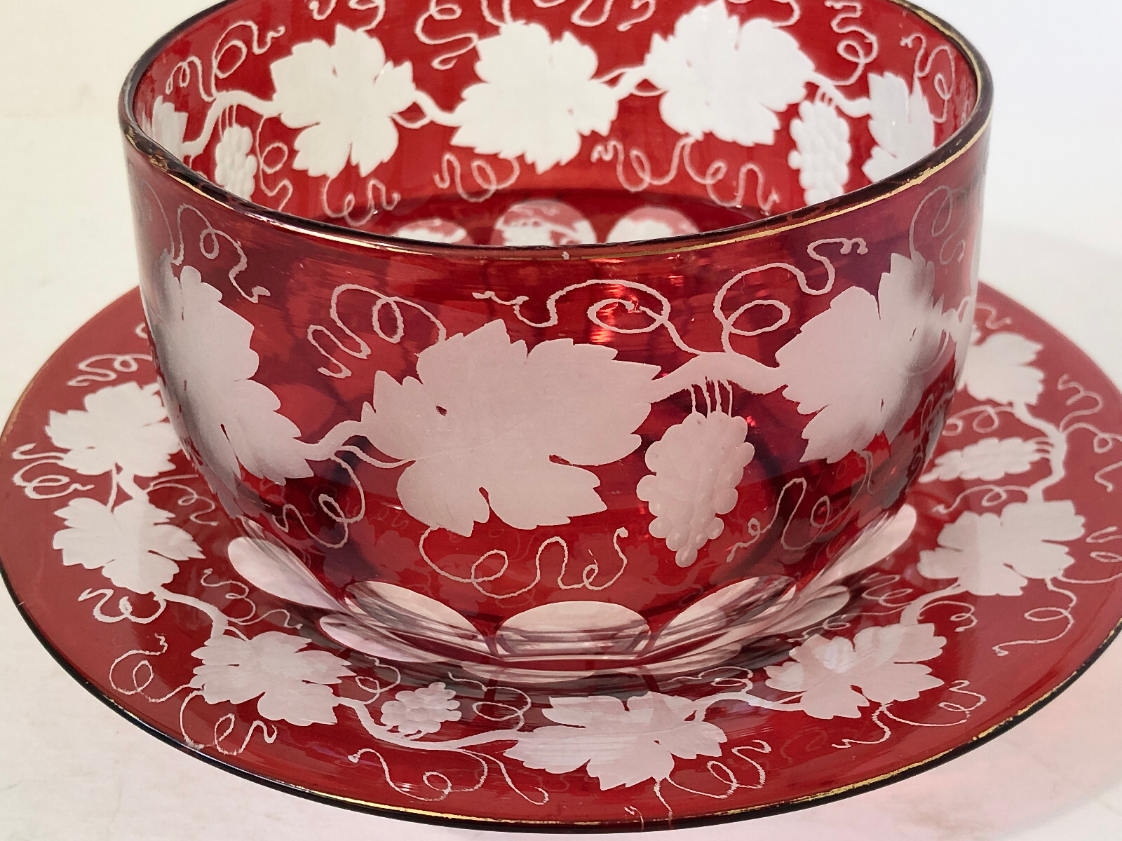 Pair Antique Bohemian Ruby Glass Bowls with Under Plates, Etched to ...