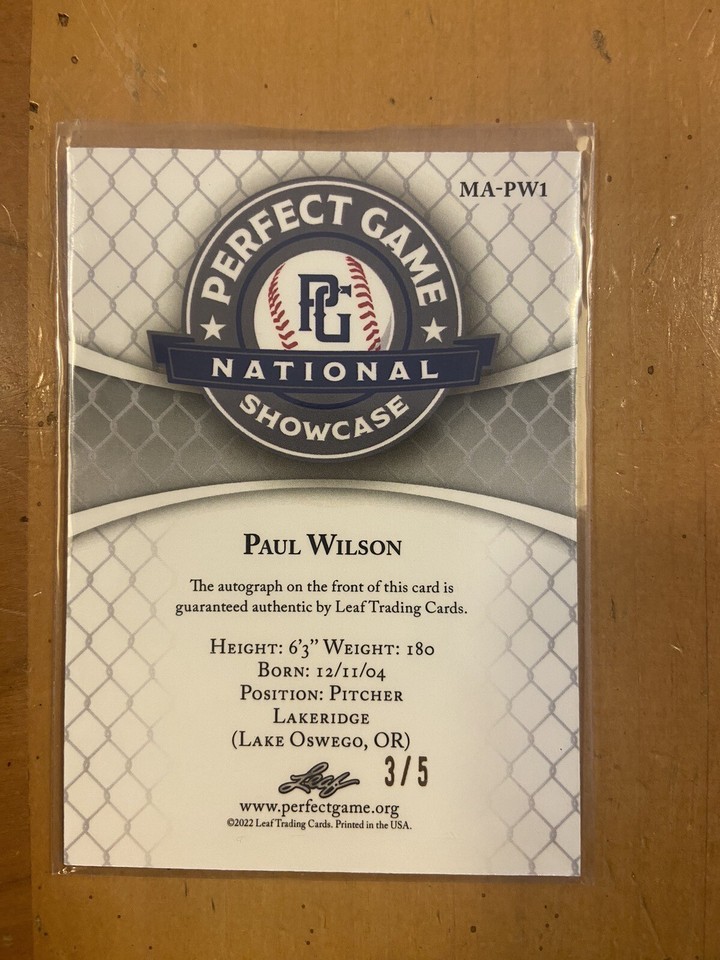 2022 Paul Wilson Leaf Perfect Game National Showcase Metal Auto 3/5 | eBay