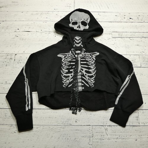 Dolls Kill Hoodie Womens 2X Reflective Skeleton Chain Wrap Around Crop ...