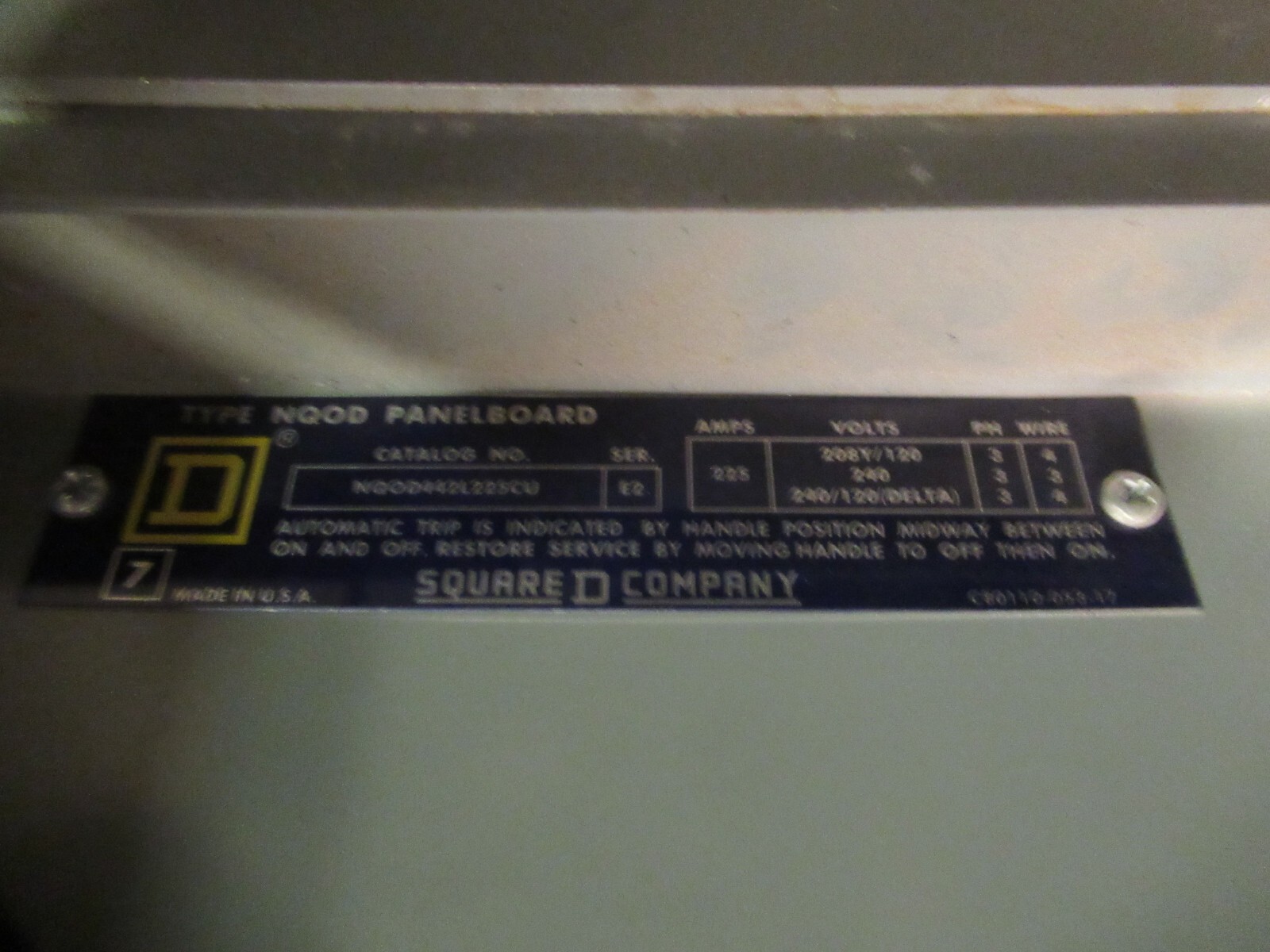 Square D NQOD442L225CU PLB KAL362251121 UVR Main 120/208V 3PH4W 42 CKT ...