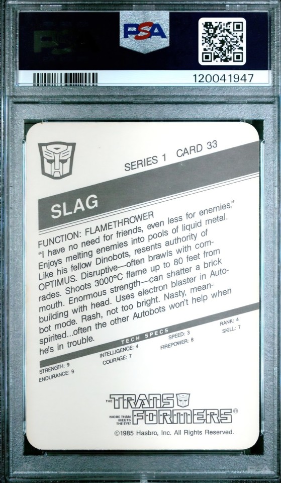 1985 Hasbro Transformers Slag Purple Background Graded Card #33 PSA 8 ...