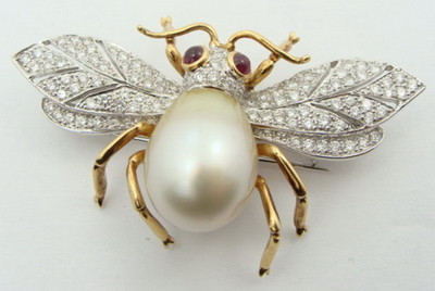 Estate 1 3/8" Ladies 18K Gold Diamond Pearl Bee Pin replacement Value ...