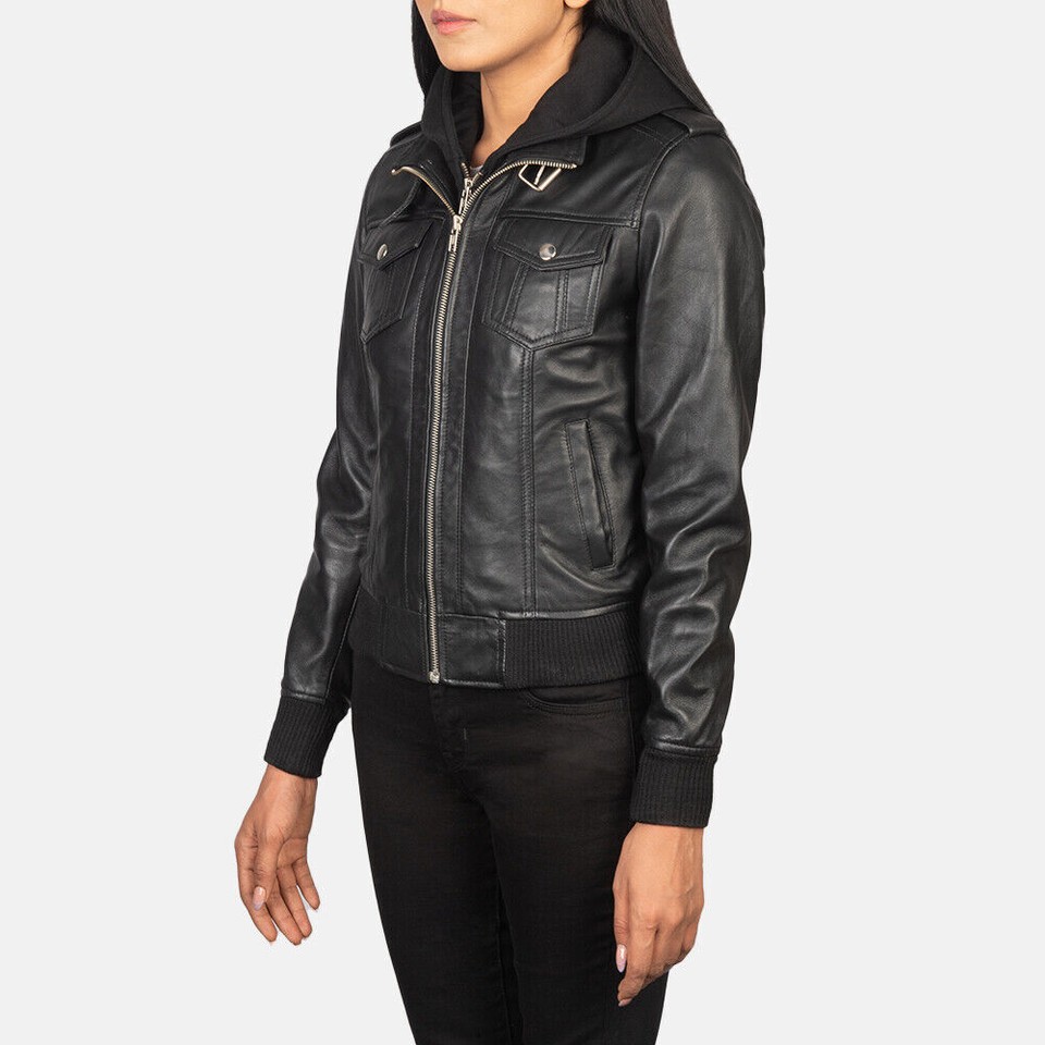 Women's Black Bomber Detachable Hooded Leather Jacket Moto Biker ...