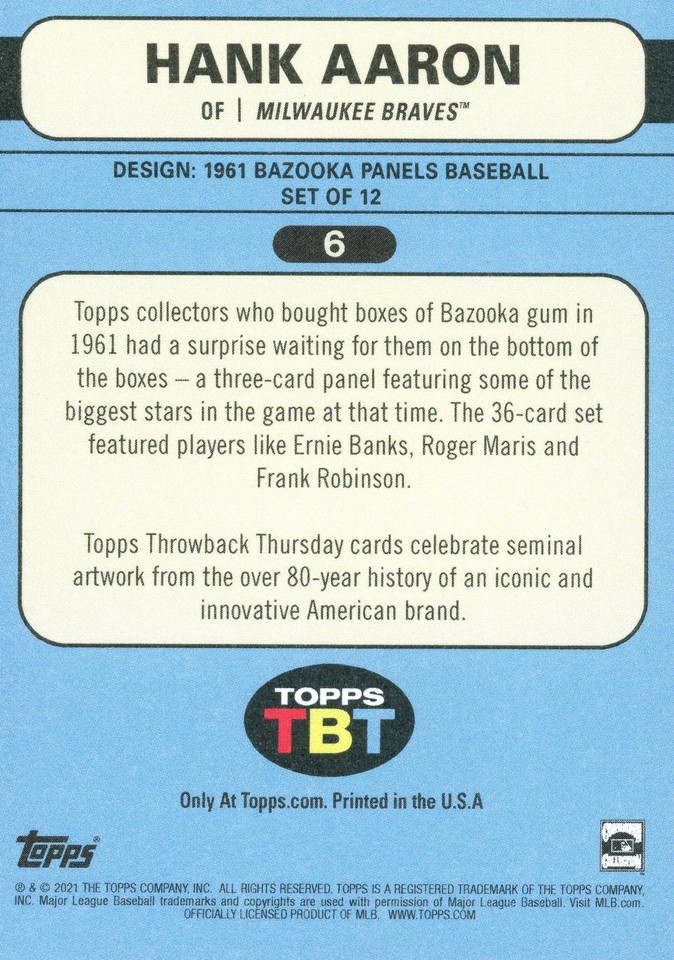 2021 Topps Throwback Thursday #6 Hank Aaron (2,891 Print Run) '61 Bazooka | eBay