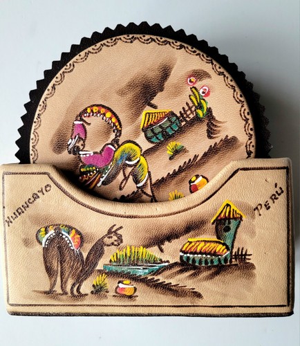Hand Painted Peruvian Round COASTER SET 7 Leather Disks Huancayo Peru ...