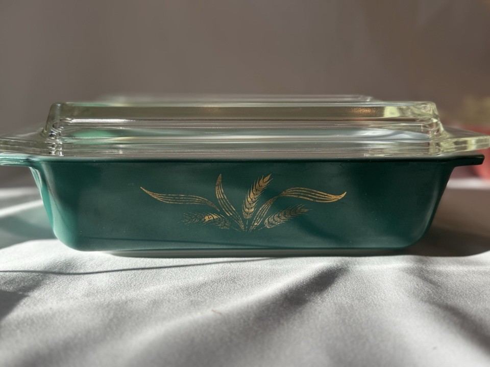 Vintage Promo Pyrex Green Gold Wheat Casserole Dish With Lid # 575 -B ...