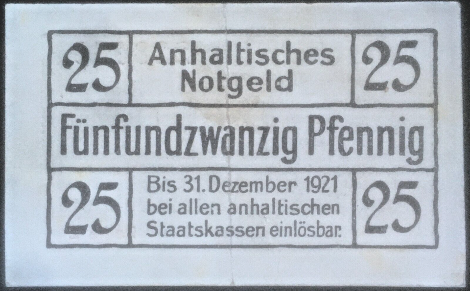 25 Pfennig Dessau 1920 serial note voucher emergency money #15.01.a3.04 ...