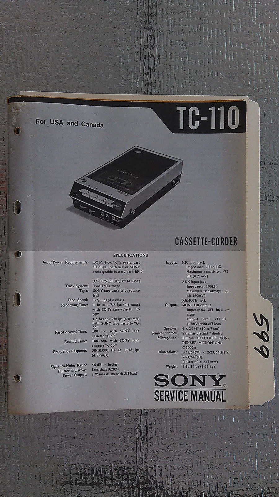 Sony tc-110 Service Manual original repair book schematic 29 pages 1972 ...