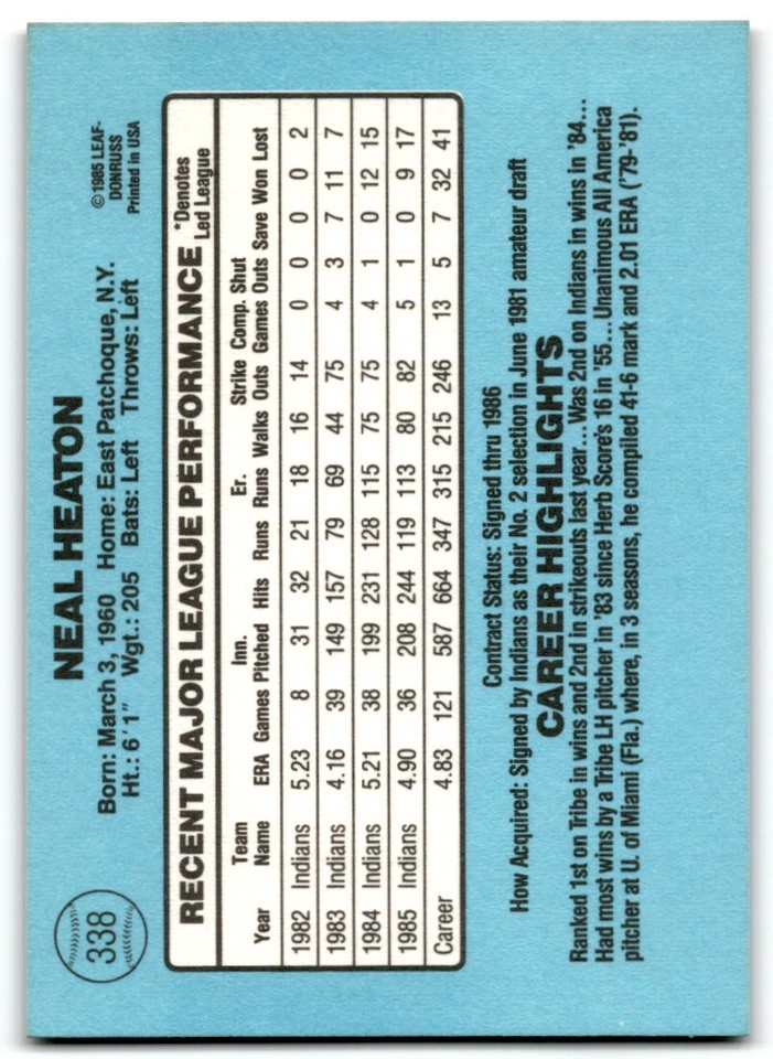 1986 Donruss Neal Heaton Cleveland Indians #338 | eBay