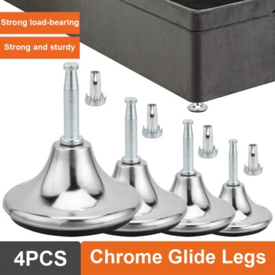 4x Chrome Feet Bed Legs Glides Castor & Inserts Bed Base Sofa Settee ...