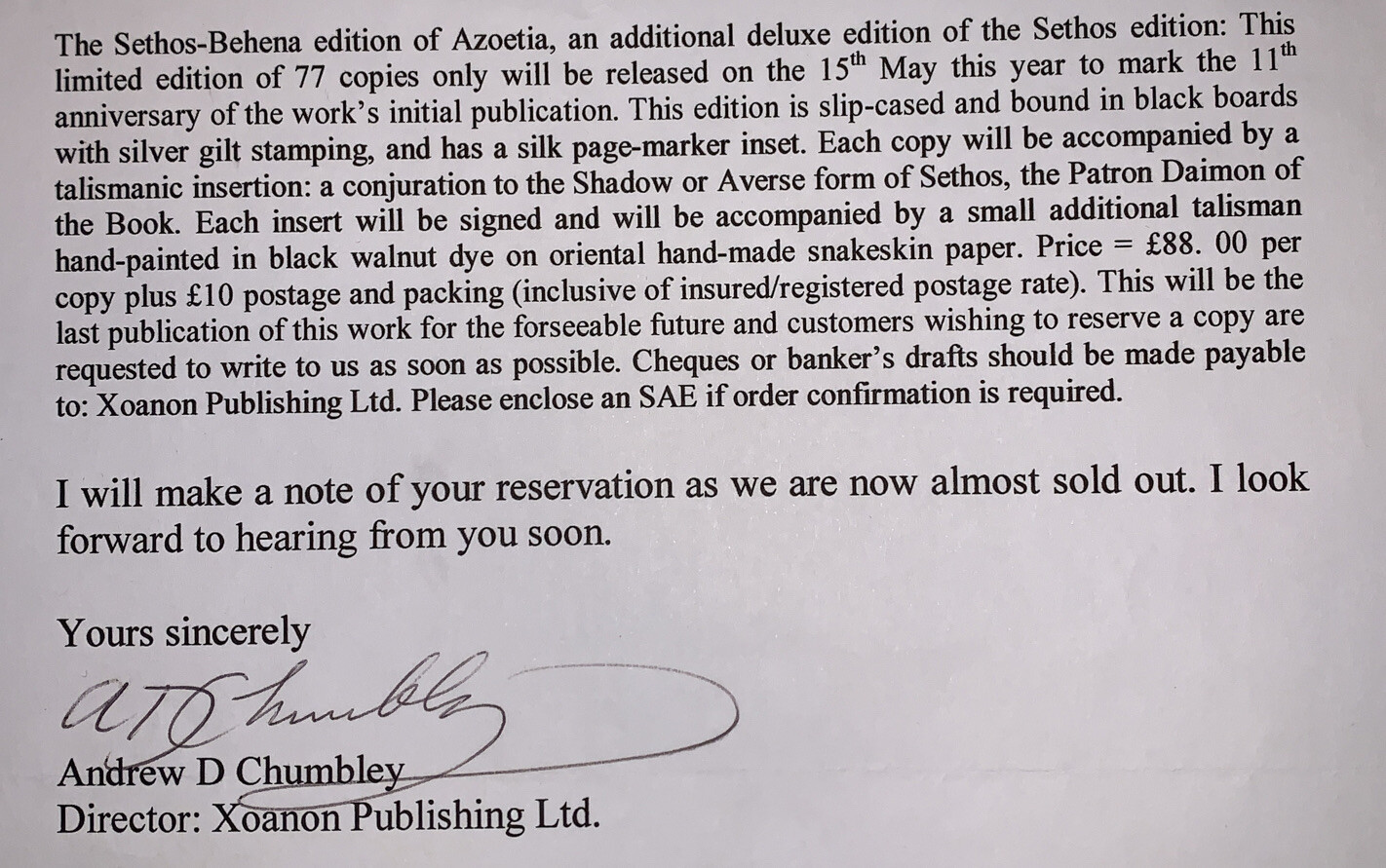 ANDREW D. CHUMBLEY SIGNED LETTER, XOANON, OCCULT, AZOETIA, 2003 ...