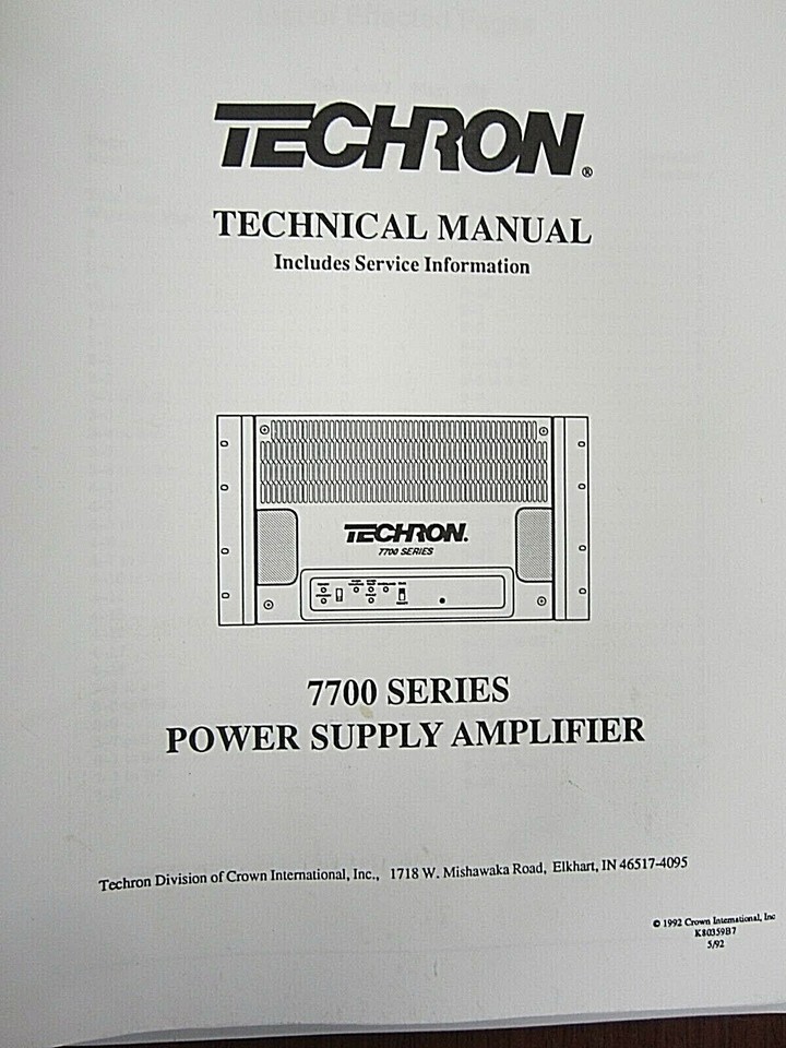 Techron 7700 Series Power Supply Amplifier Technical Manual K80359B7 5/ ...