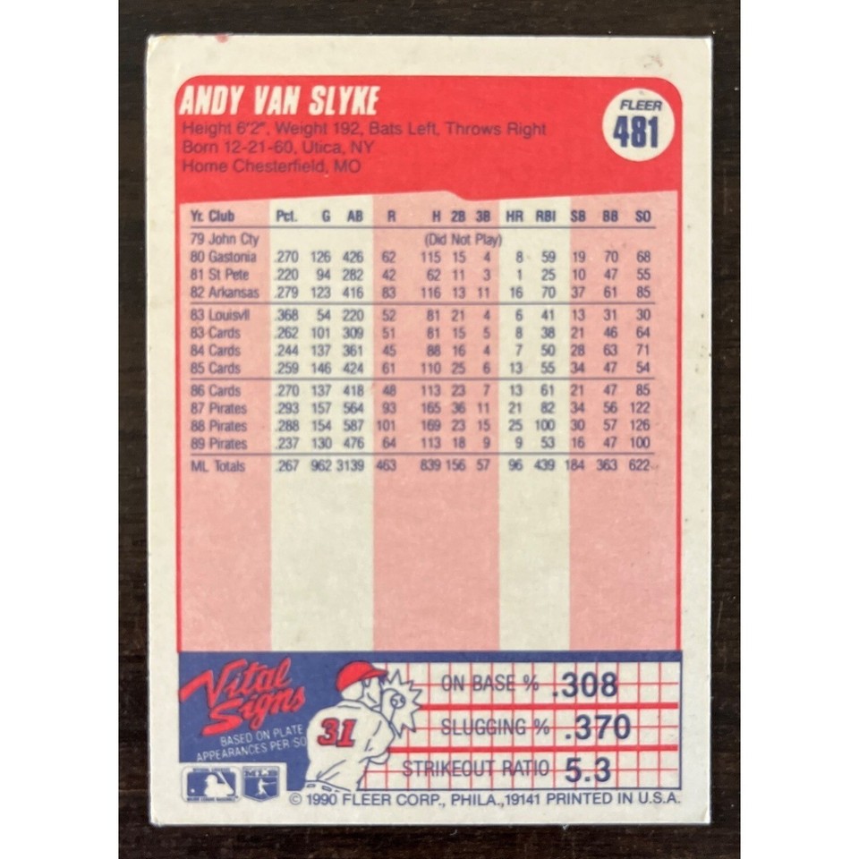 1990 Fleer #481 Andy Van Slyke Pittsburgh Pirates MLB Major League ...