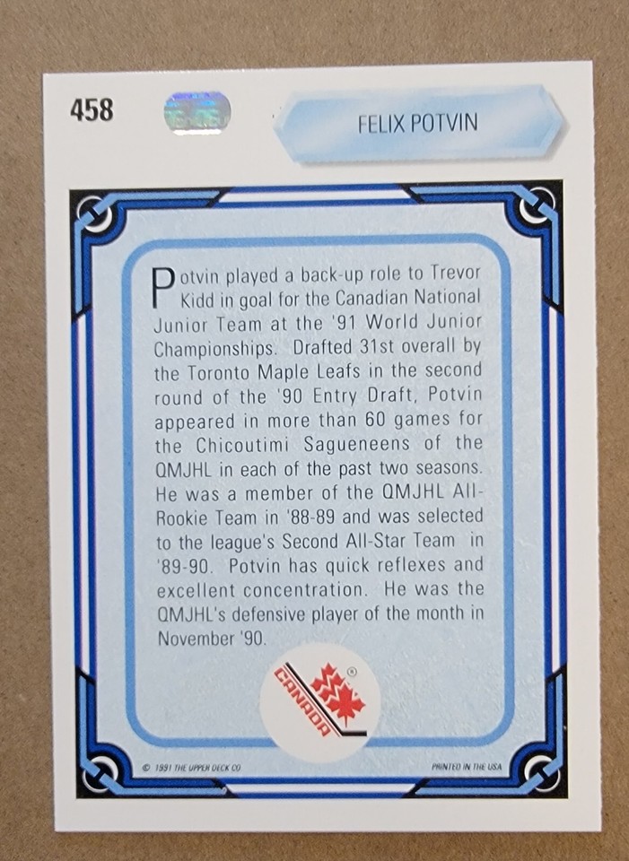 1991 Upper Deck Felix Potvin 458 Canada World Juniors Rookie Card | eBay