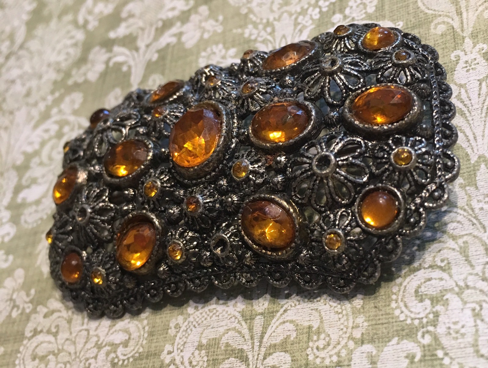 Vtg New England Glassworks Etruscan Filigree Amber Topaz Glass Brooch ...
