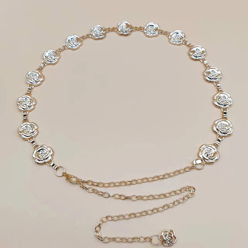 Gold Silver Color Rose Chain Belt Women Fashion Metal Thin Shiny Flower ...