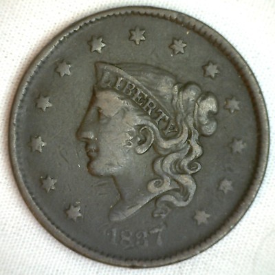 1837 Coronet Large Cent US Copper Type Coin VF Very Fine 1c Dark ...