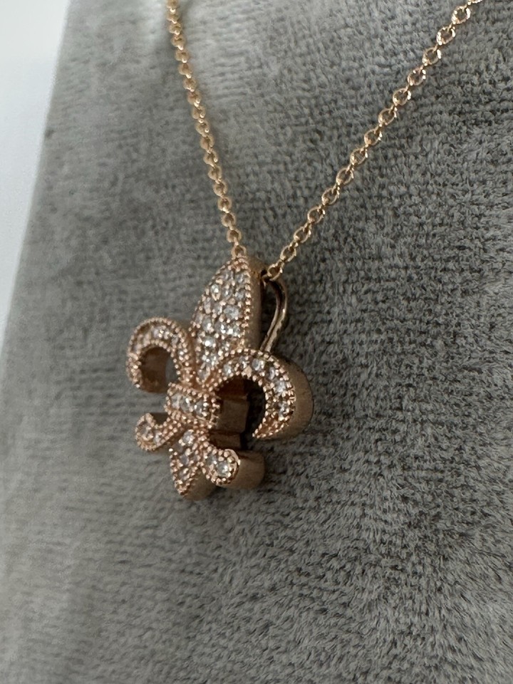 BH Effy 14k rose pink gold diamond fleur-de-lis flower pendant chain ...