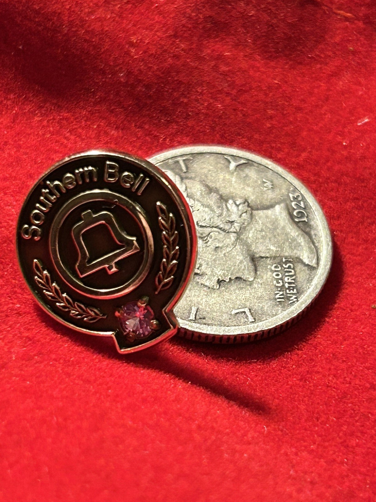 southern bell telephone 10k gold cto pin with pink sa… - Gem