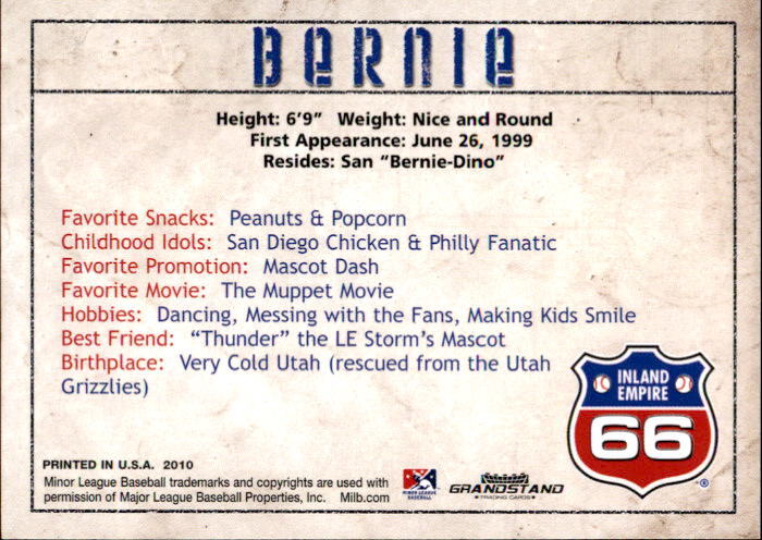 2010 Inland Empire 66ers Grandstand #36 Bernie MASCOT - NM Baseball ...