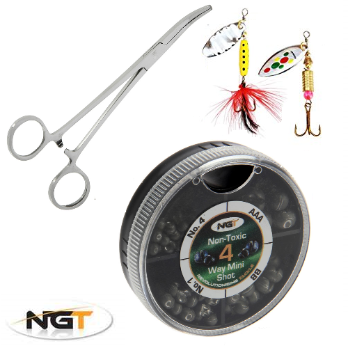 NGT NON TOXIC MINI SPLIT SHOT DISPENSER + 2 x SPINNERS + FORCEPS RIVER ...