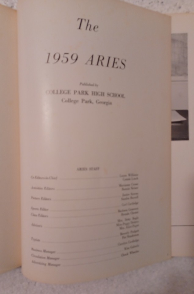 book - 1959 Aries, College Park GA High School Yearbook - Bill Curry ...