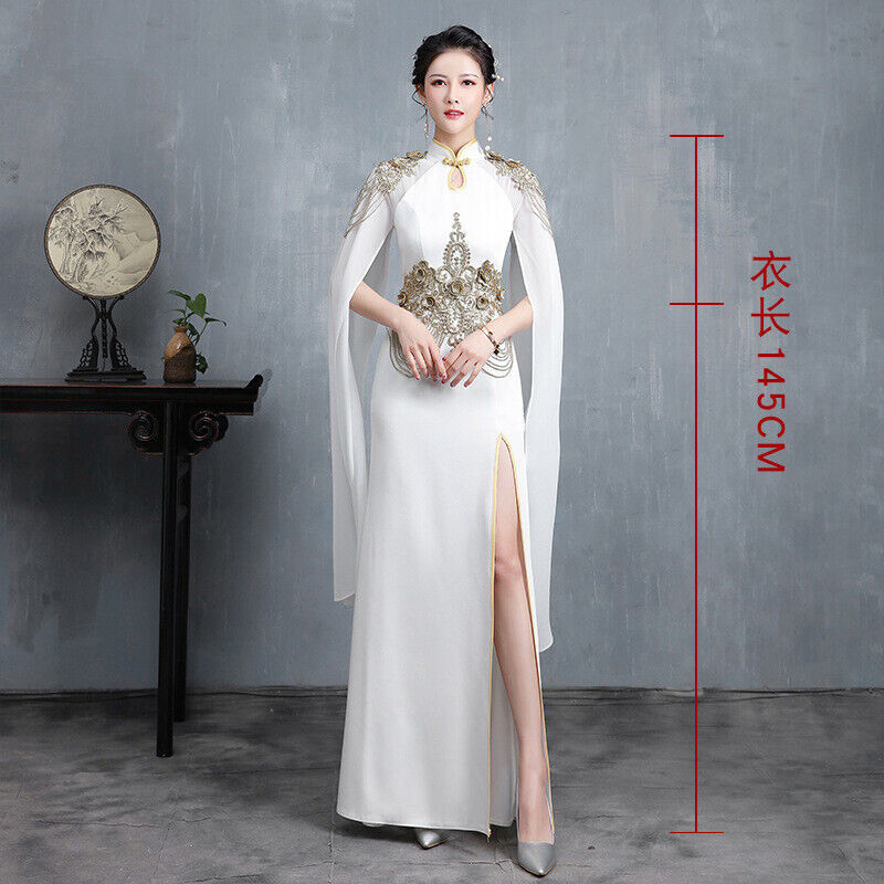 Womens Chinese Improved Cheongsam Embroidery Floral Qipao Split Sleeves ...