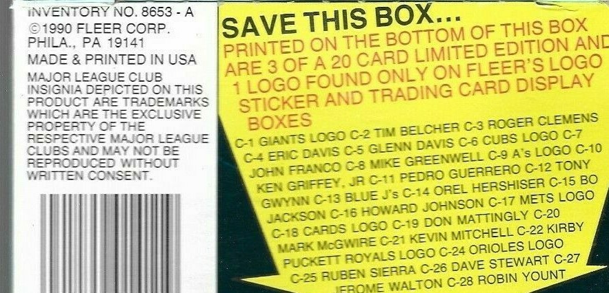 1990 Fleer Display 36 CT Box NO TOP EMPTY Ken Griffey Jr Kirby Puckett ...