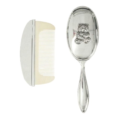 Set 2 Silver Shiny Teddy Bear Design Baby Brush & Comb- Christening ...