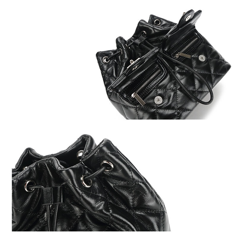 Small Mini Quilted Real Leather Drawstring Bucket Backpack Chains Purse ...