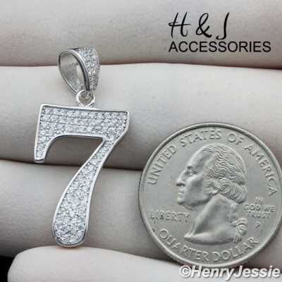 MEN WOMEN 925 STERLING SILVER ICY BLING CZ NUMBER "7" CHARM PENDANT ...