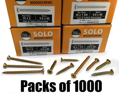 Packs of 1000 TIMco 10g 5mm Solo Wood Screws Yellow Pozi Countersunk ...