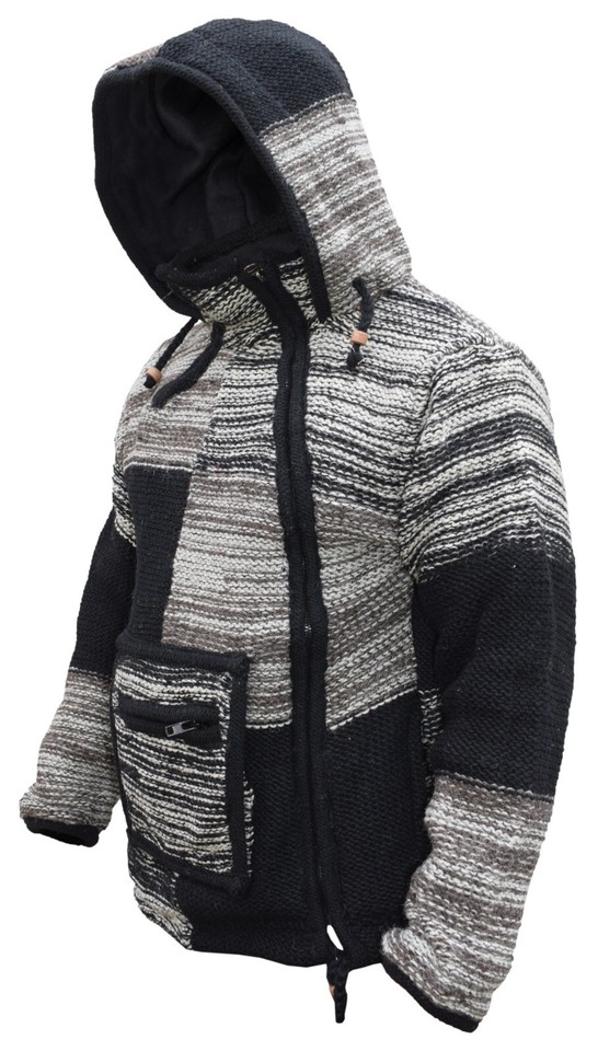 Men's Woolen Patchwork Knit Zip Fleece Lined Kangaroo Pouch Warm Jacket ...