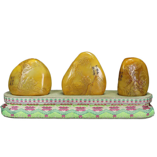 Set Chinese Shoushan Stone Low Relief Firgue & Pine Tree Seal Statues w ...