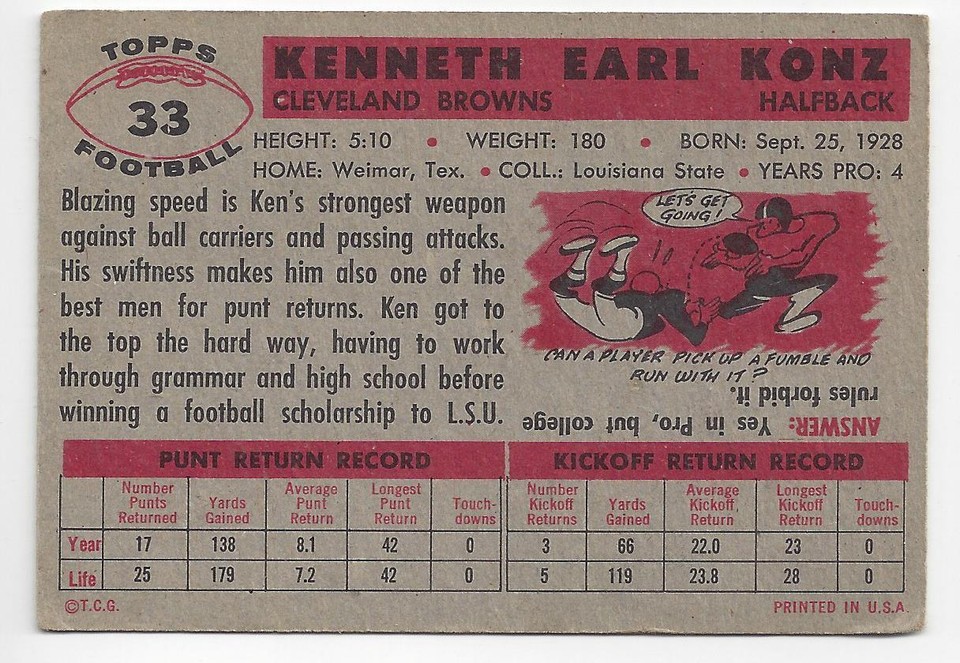 Ken Konz 1956 Topps NFL #33 Cleveland Browns | eBay