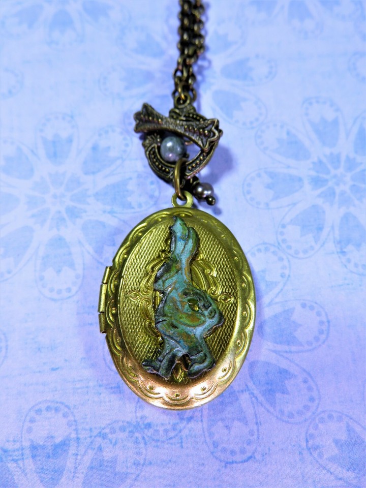 Locket Pendant Necklace Applied Verdigris Rabbit Toggle Clasp Link ...