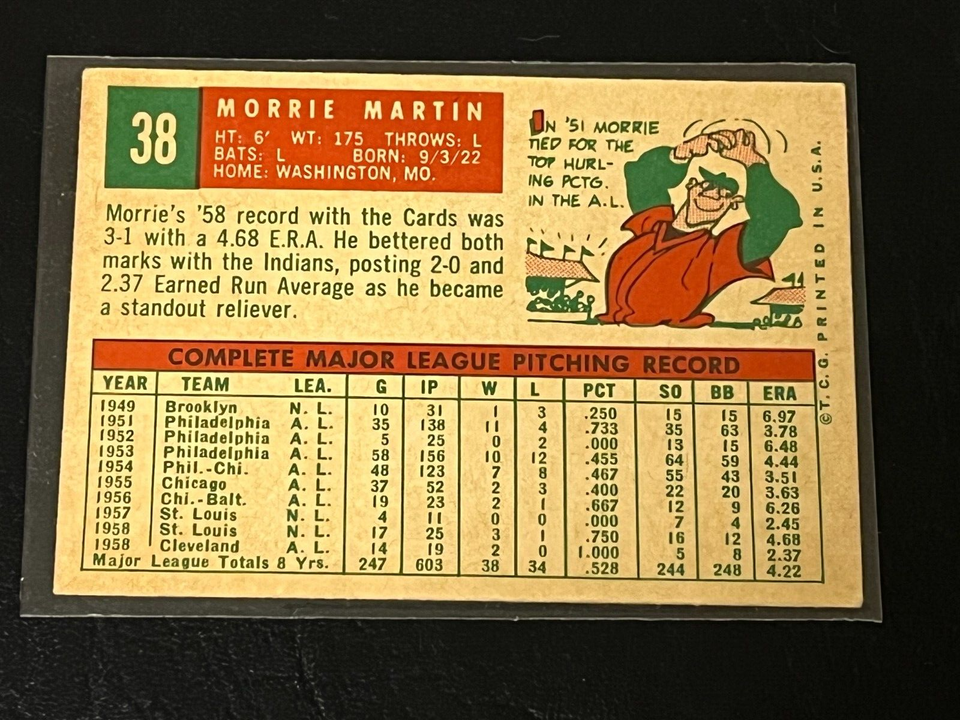 MORRIE MARTIN 1959 TOPPS CLEVELAND INDIANS CARD #38 Vintage Baseball ...