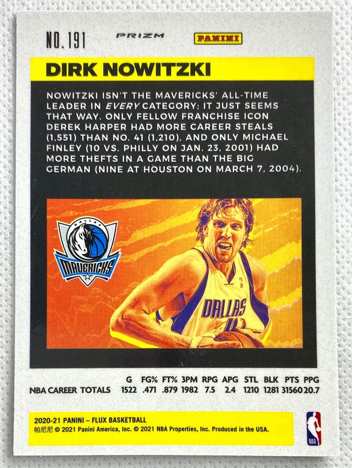 2020-21 Panini Flux Dirk Nowitzki Silver Pulsar Prizm Card #191 Dallas ...