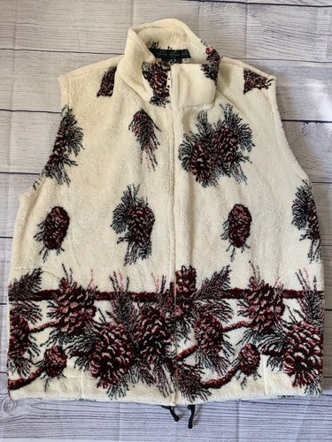 Silver Threads Sherpa Plush Pinecones White Fleece Zip Vest Sz Medium ...