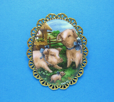 Pigs Porcelain Pig Family with Blue Ribbons Hog Swine Cameo Goldtone ...