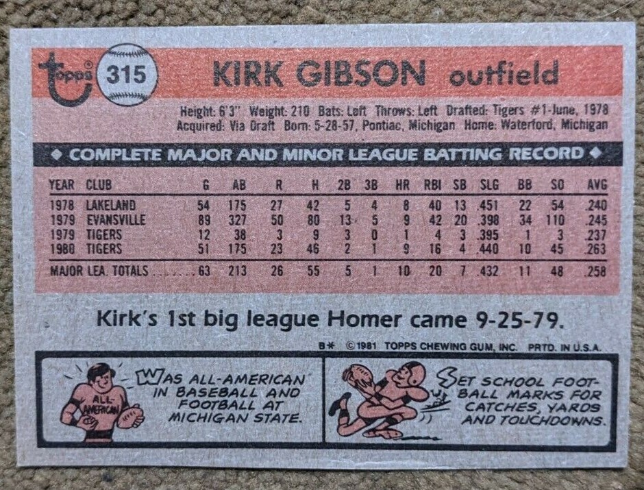 KIRK GIBSON 1981 TOPPS ROOKIE CARD | eBay