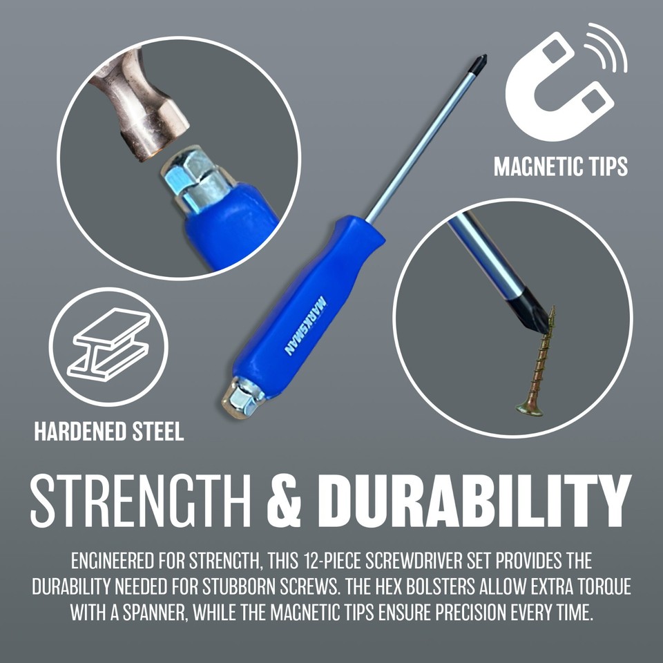 12PC SCREWDRIVER SET HEAVY DUTY MECHANICS HEX BOLSTERS WITH CASE ...