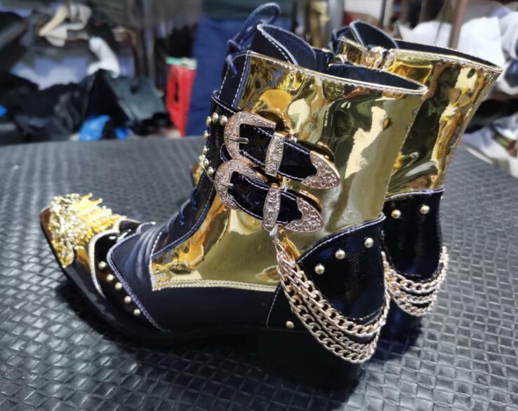 Men's Fashion Metal Head Pointy Toe Punk Rock Rivet Lace Up Party Ankle ...